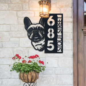 French Bulldog Address Sign | Custom Metal Vertical House Number Plaqu